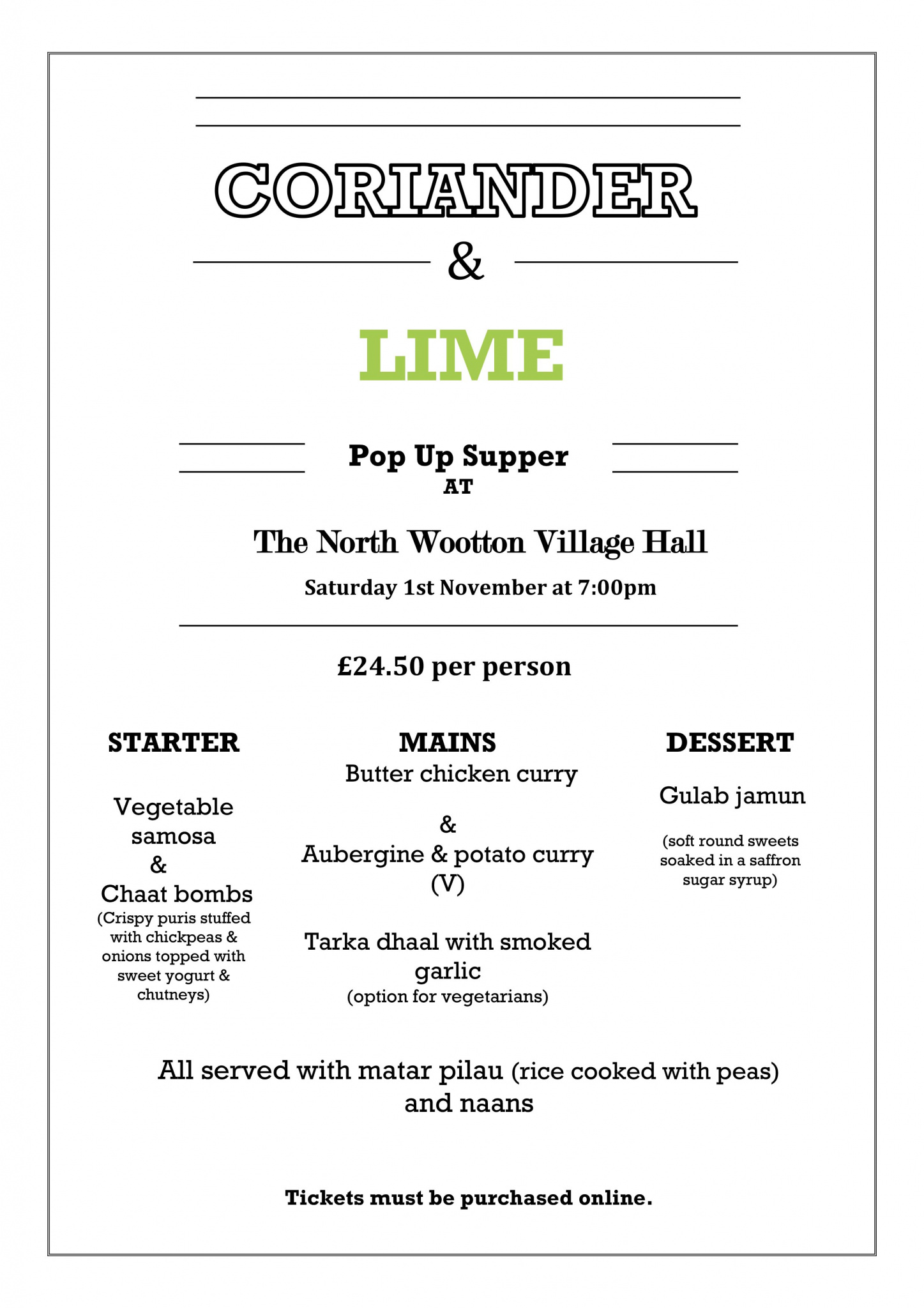 Indian Night - Pop Up Supper with Coriander & Lime - North Wootton ...
